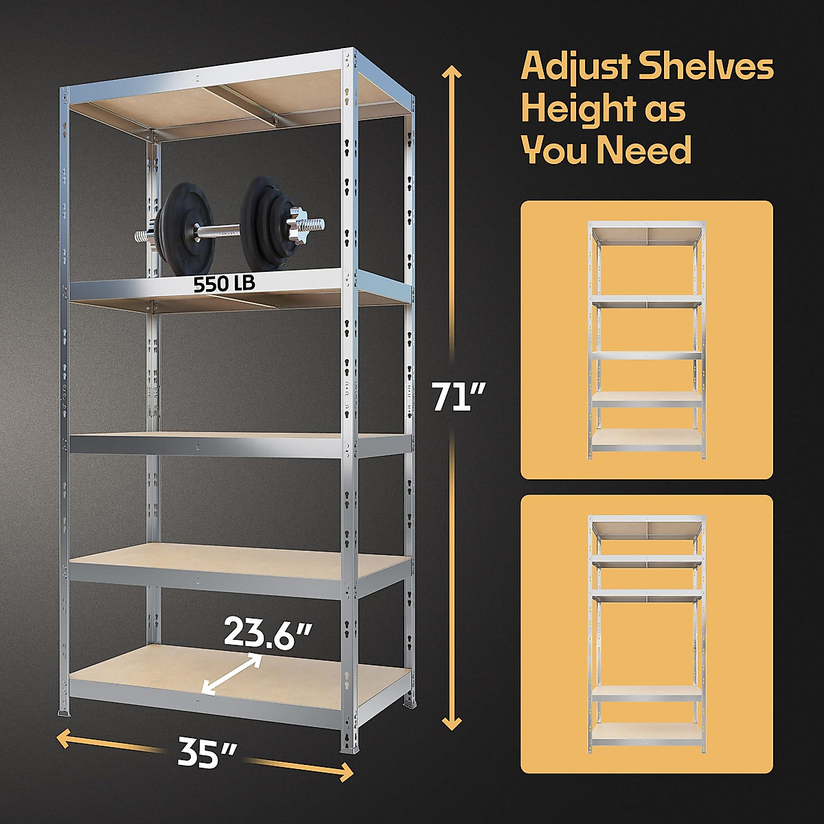 Metalkas Storage Shelves: 5 Storage Shelves Heavy Duty w/ 2,750 lb Total Load Capacity, 550 per Storage Shelf, 71x35x24 Perfect Solution for Your Storage Needs, Adjustable Shelving Unit