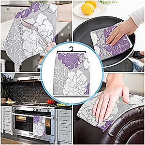 Savannan Dish Cloths for Kitchen, Peony Floral Print Abstract Geometric Pattern Purple Grey White,Super Soft and Absorbent,Reusable Polyester Towels for Home,Kitchen,18"x28", 2 Pack