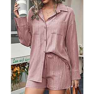 Ekouaer Women's V Neck Lounge Sets Button Down Shirt and Shorts 2 Piece Outfits Loungewear Pajama with Pockets Dusty Rose