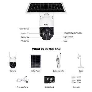 FIYEE Security Cameras Wireless Outdoor WiFi Solar Powered Camera for Home Securtiy, Spotlight Color Night Vision, Include 64GB TF Card