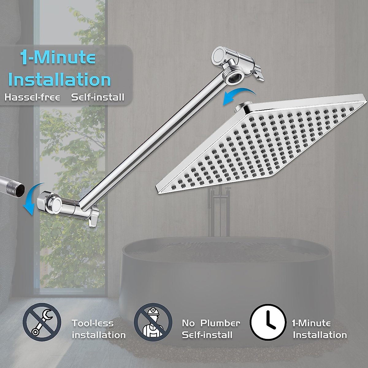 8'' Rain Shower Head with 15'' Extension Arm- 𝟮 𝗳𝗼𝗿 𝟭 𝗖𝗼𝗺𝗯𝗼 Large Surface Fixed Square Shower Head- Extra Long Adjustable Shower Head Extension Arm- Singing Rain Ultimate Shower Experience
