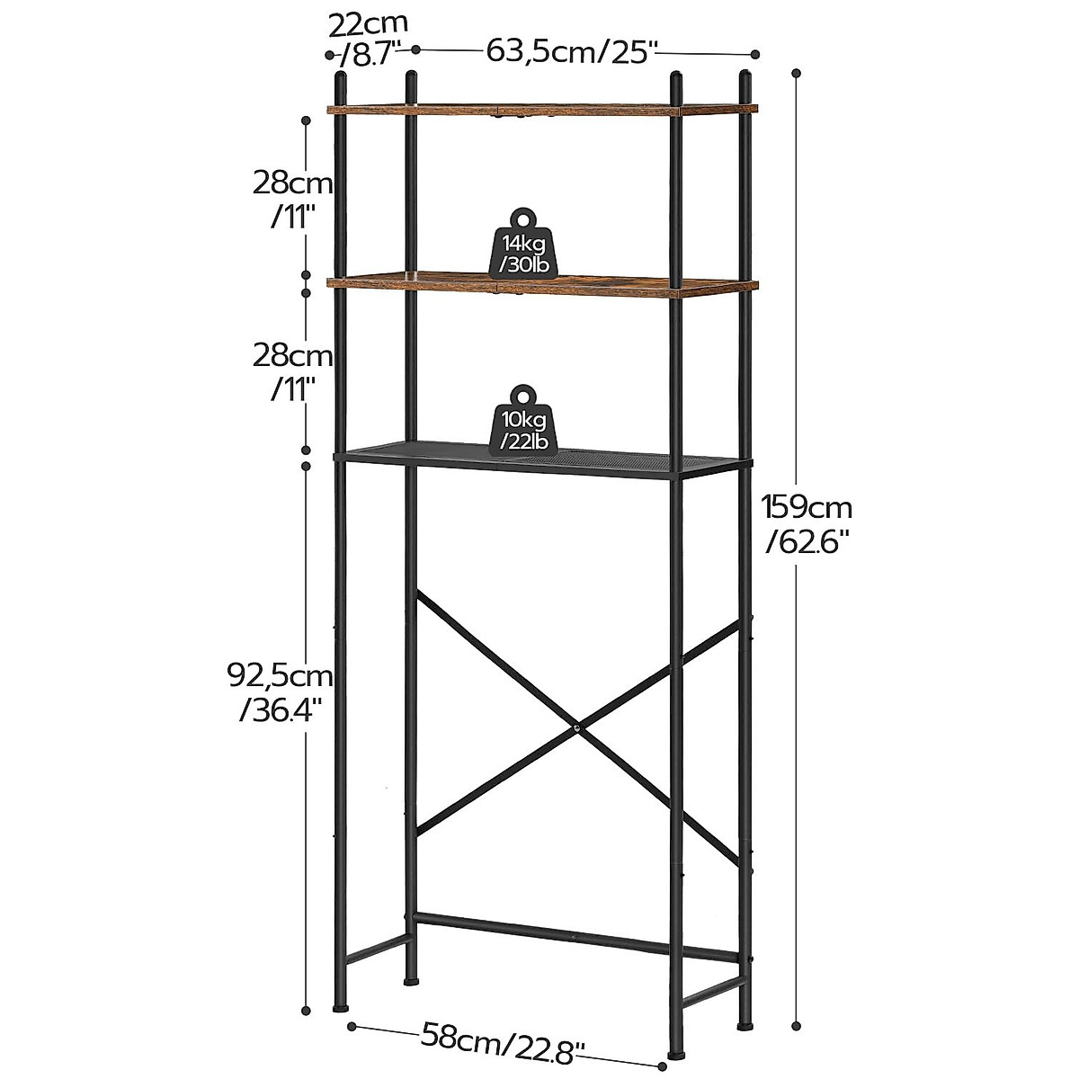 HOOBRO Over The Toilet Storage, 3-Tier Over Toilet Bathroom Organizer, Freestanding Above Toilet Shelf with Adjustable Feet, Space Saving, Easy to Assembly, Rustic Brown and Black BF63TS01