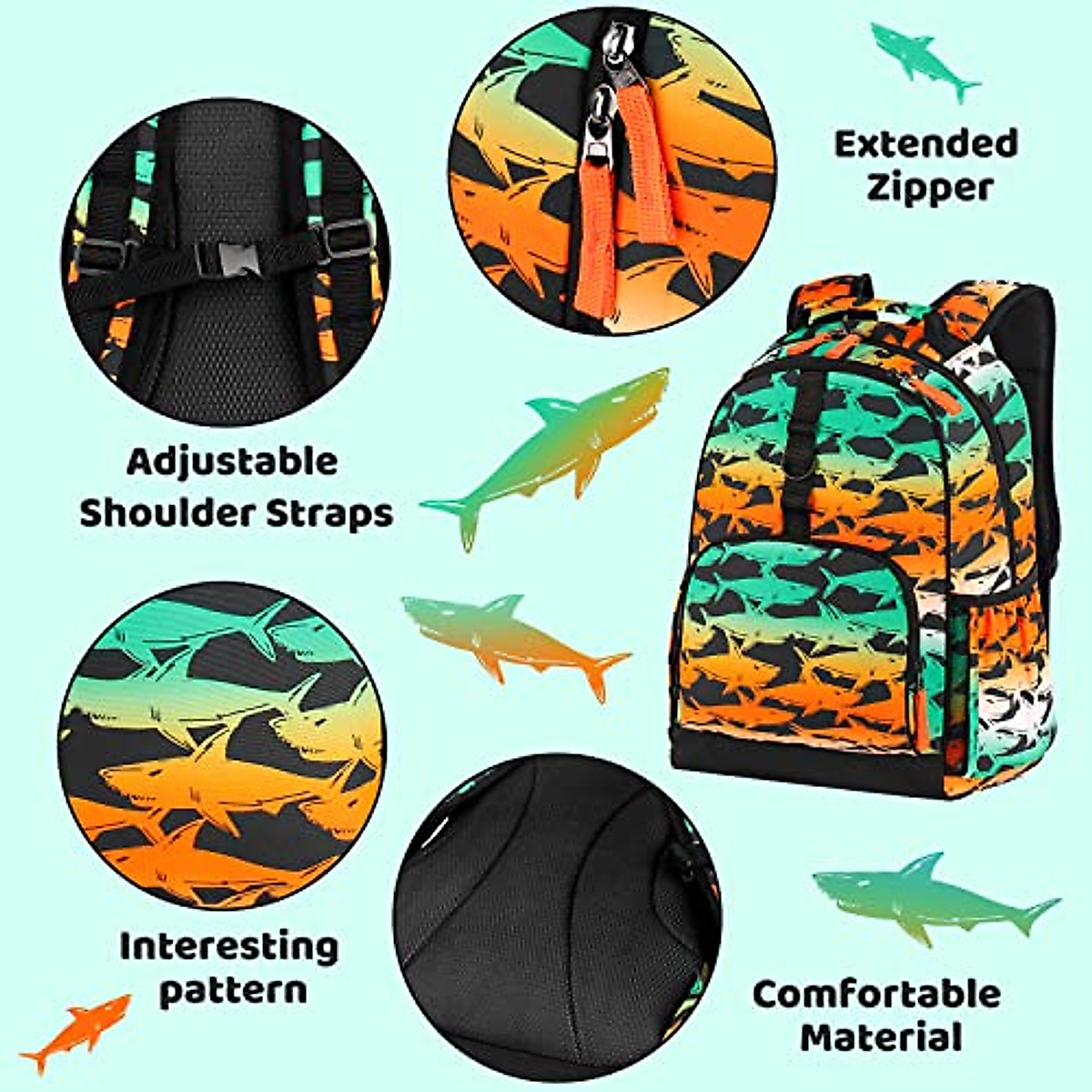 Choco Mocha Hawaii Shark Backpack for Boys Backpacks for Elementary School Backpack for Kids Backpack Boys 17 inch Backpack for Boys Shark Bookbag with Chest Strap 5-7 6-8 School Bag 2nd 3rd Grade