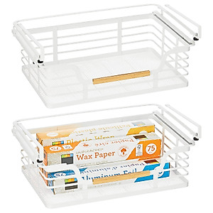mDesign Metal Wire Wide Under Shelf Storage Baskets for Kitchen Pantry, Closet, Hanging Pull Out Shelving Bin, Sliding Hanger Rack for Bread, Canned Goods, Food, 2 Pack, Matte White/Natural