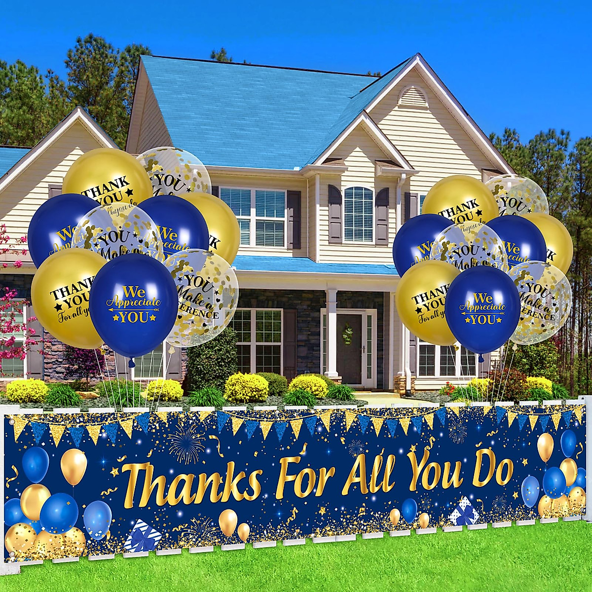 Thank You Appreciation Party Decorations Blue Gold Thanks for All You Do Banner with 18 Pcs Balloons We Appreciate You Yard Sign Decor Gifts for Graduation Pastor Employee Staff Teachers Doctors
