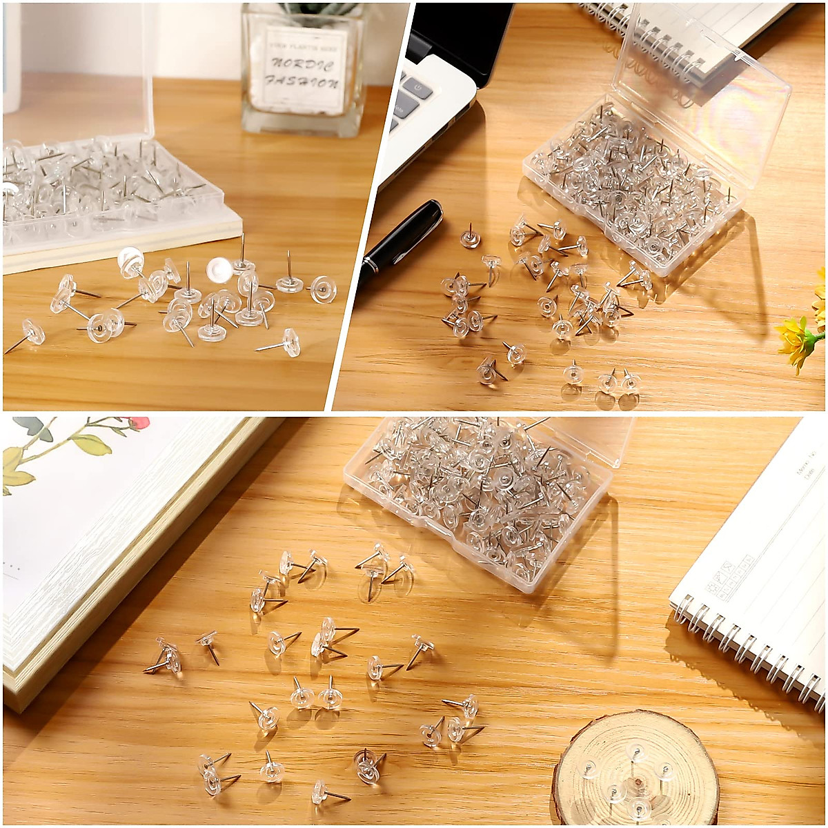 JIMSUMM 150 PCS Push Pins, Standard Plastic Head Steel Point Clear Thumb Tacks for Wall, Clear Plastic Round Head for Bulletin Boards, Fabric Markers, Crafts and Office Organization (Clear)