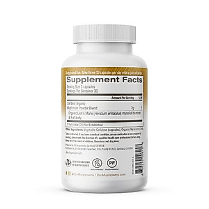 Om Mushroom Superfood Lion's Mane Mushroom Capsules Superfood Supplement, 90 Count, 30 Day Supply, Fruit Body and Mycelium Nootropic for Memory, Focus, Nerve Health and Immune Support