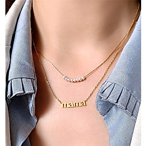 Mama Necklace for Women 18K Gold Plated Mom Pendant Stainless Steel Silver Letter Gift Personalized Jewelry for Mother and Daughter (Gold 1)