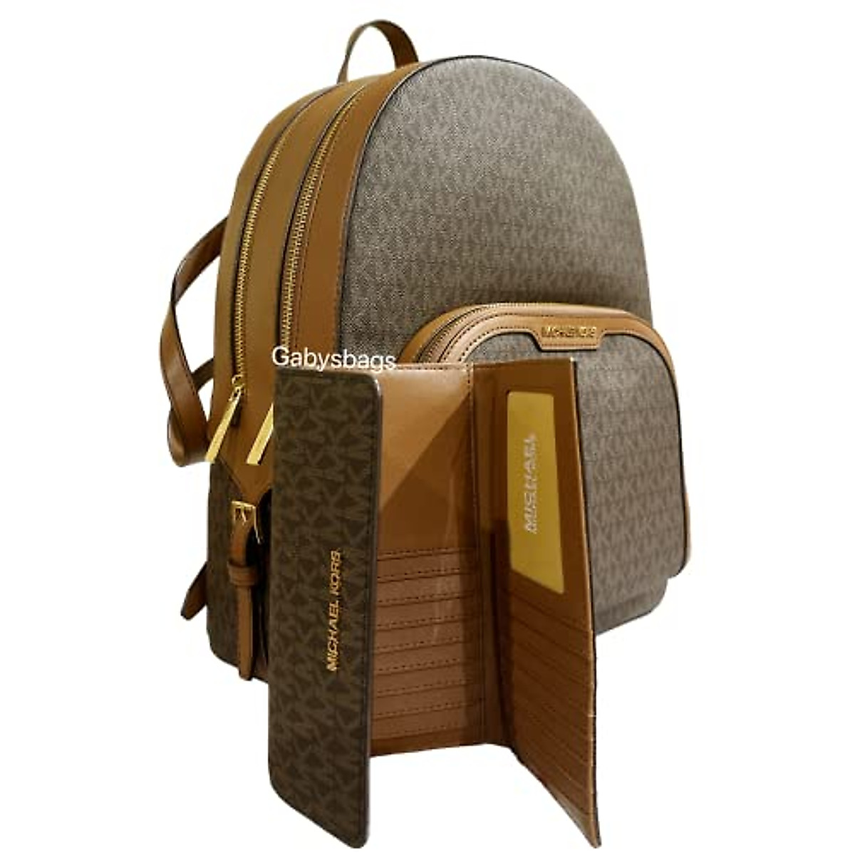 Michael Kors Jaycee Large Backpack School Bag Bundled with Michael Kors Jet Set Travel Large Trifold Wallet MK Signature (Brown MK)