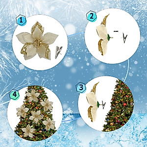 12-Pack 5.9'' Gold Glitter Poinsettia Artificial Flowers - Christmas Tree Decorations with Clips