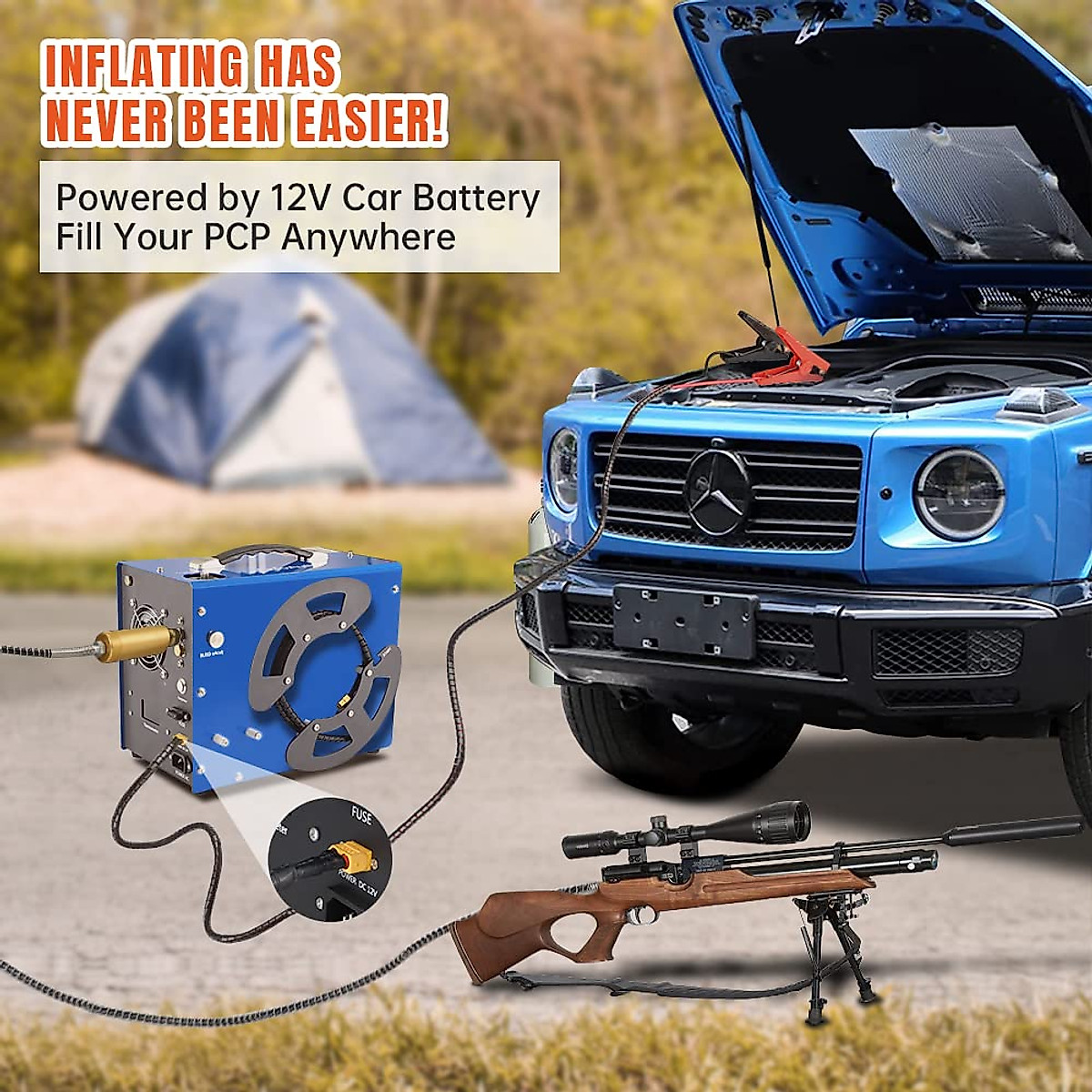 TOAUTO A3 PCP Air Compressor, Unique Vertical+Wire Spool Portable Design, Auto-Stop, Oil/Water-Free, 4500Psi/30Mpa, 8MM Quick-Connector for Paintball/PCP Air Rifle/Tank, 110V AC or 12V Car Battery