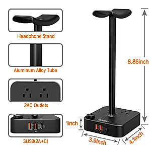 COZOO Headphone Stand with USB Charger Desktop Gaming Headset Holder Hanger with 3 USB Charging Station and 2 Outlets Power Strip - Suitable for Gaming, DJ, Wireless Earphone Display (Black)