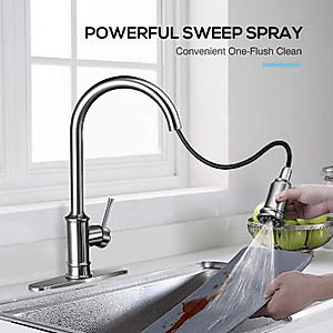 Kitchen Faucet with Pull Down Sprayer Brushed Nickel - WaterSong Kitchen Sink Faucet Single Handle 1Hole with Deck Plate, Farmhouse Kitchen Sink Faucet for Kitchen Sink RV, 3 Spray Mode,100% Lead-free
