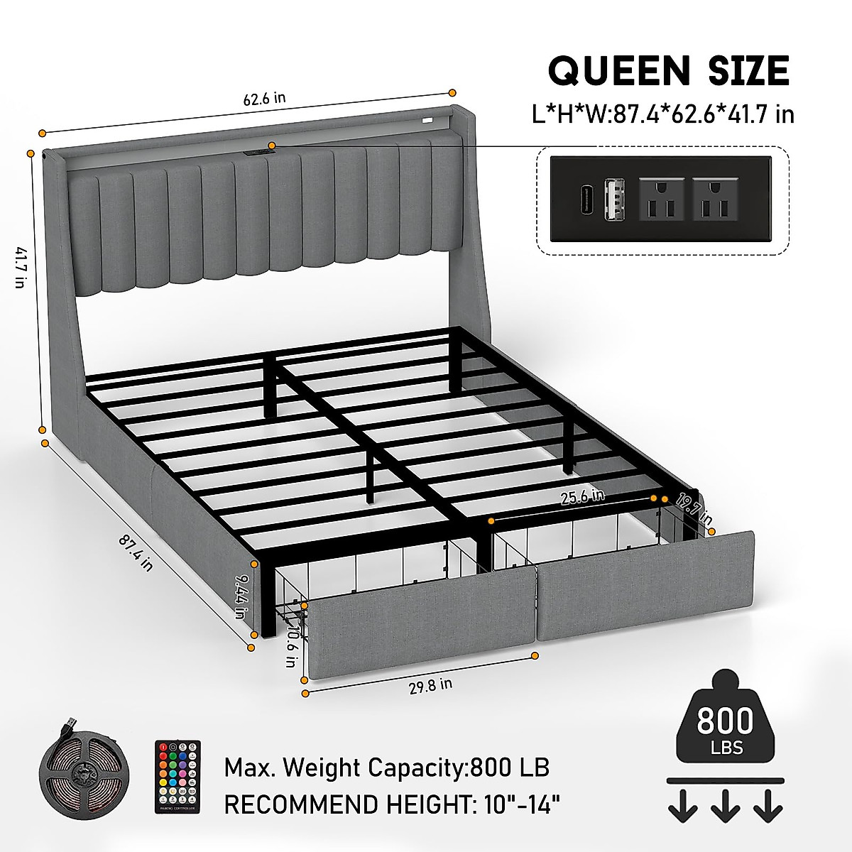 Anyhave Queen Bed Frame with 2 Storage Drawers and Luxury Wingback Upholstered Button Tufted Storage Headboard,Charging Station,Storage Headboard & LED Lights,Remote Control/Noise-Free-Dark Gray