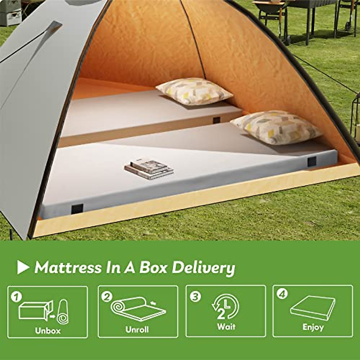 Memory Foam Camping Mattress 2.5 inch, Cot Pads, Single Small Portable Roll Up Camping Sleep Topper with Waterproof and Non-Slip Bottom, Camping Car Mat with Travel Bag, 72"×24"×2.5", Grey