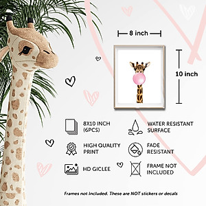 Designs by Maria Inc. Set of 6 UNFRAMED safari animal kids blowing pink bubblegum nursery decor | Cute animal pictures | Animal posters safari wall decor | Animal bubbles play room Wall Art (8"x10")