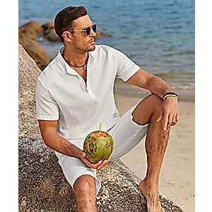 COOFANDY Men's 2 Pieces Linen Set Casual Henley Shirts Short Sleeve Beach Yoga Shorts Summer Pants Outfits