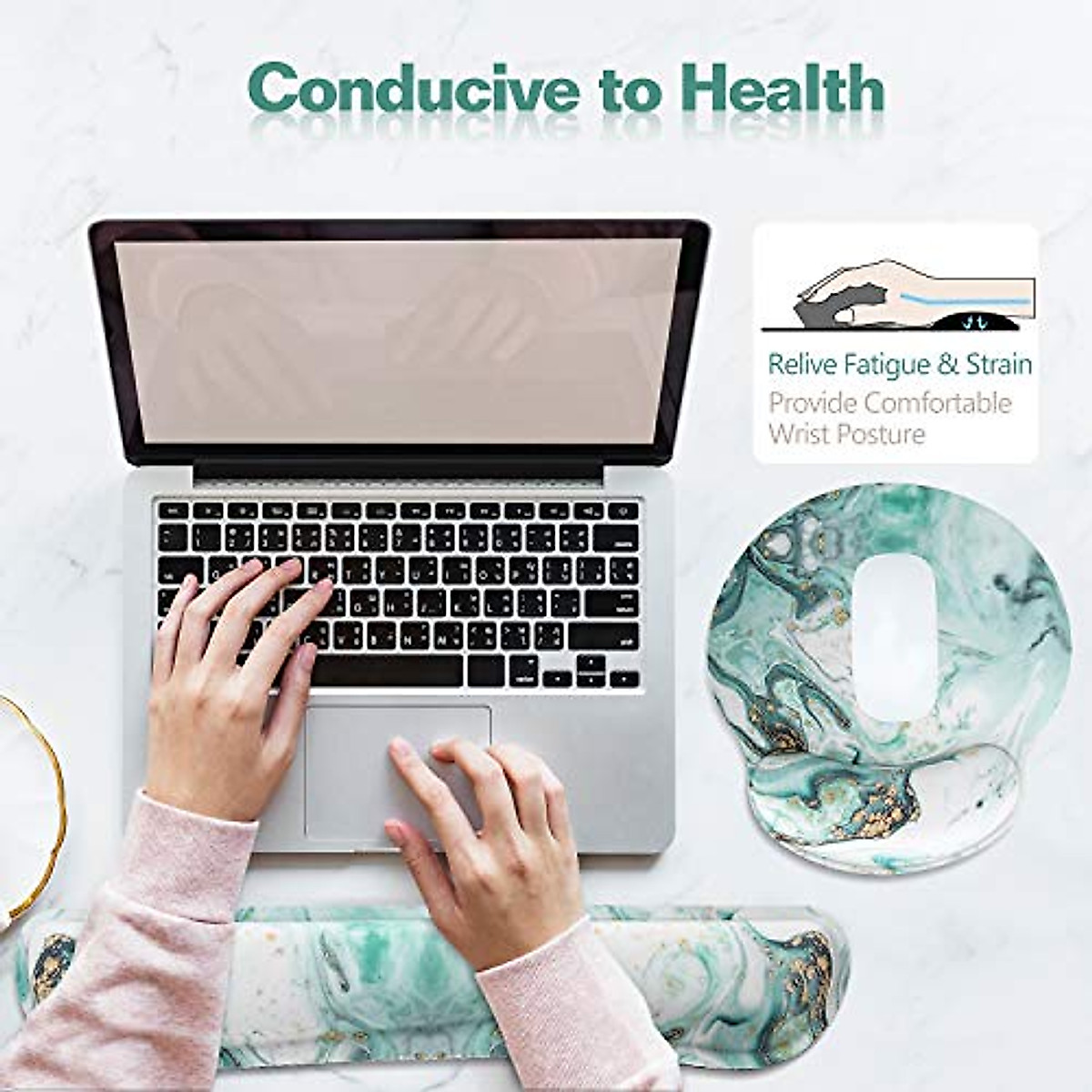MoKo Keyboard Wrist Rest Pad and Mouse Pad Wrist Support, Ergonomic Raised Memory Foam, Non Slip PU Rubber Base [Pain Relief] for Office, Computer, Laptop, Typist, Gamer - Marble Green
