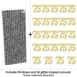 Gold Glitter 75 Party Straws - No-Mess Real Gold Glitter Cut-Out Numbers & Decorative 75th Birthday Party Paper Straws - Set of 24