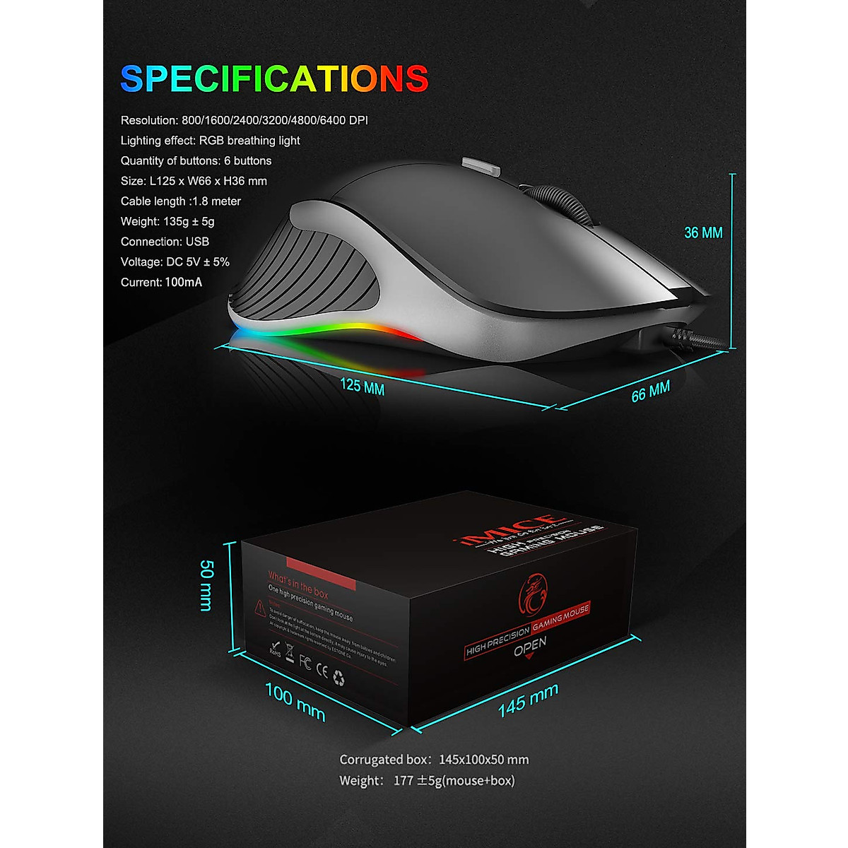 KKUYI RGB Gaming Mouse Wired, USB Computer Gaming Mice with Chroma RGB Lighting/6 DPI Levels/6 Buttons, RGB Gamer Desktop Laptop PC Gaming Mouse with 6ft Cable for Windows Xbox PS4 (Black-01)