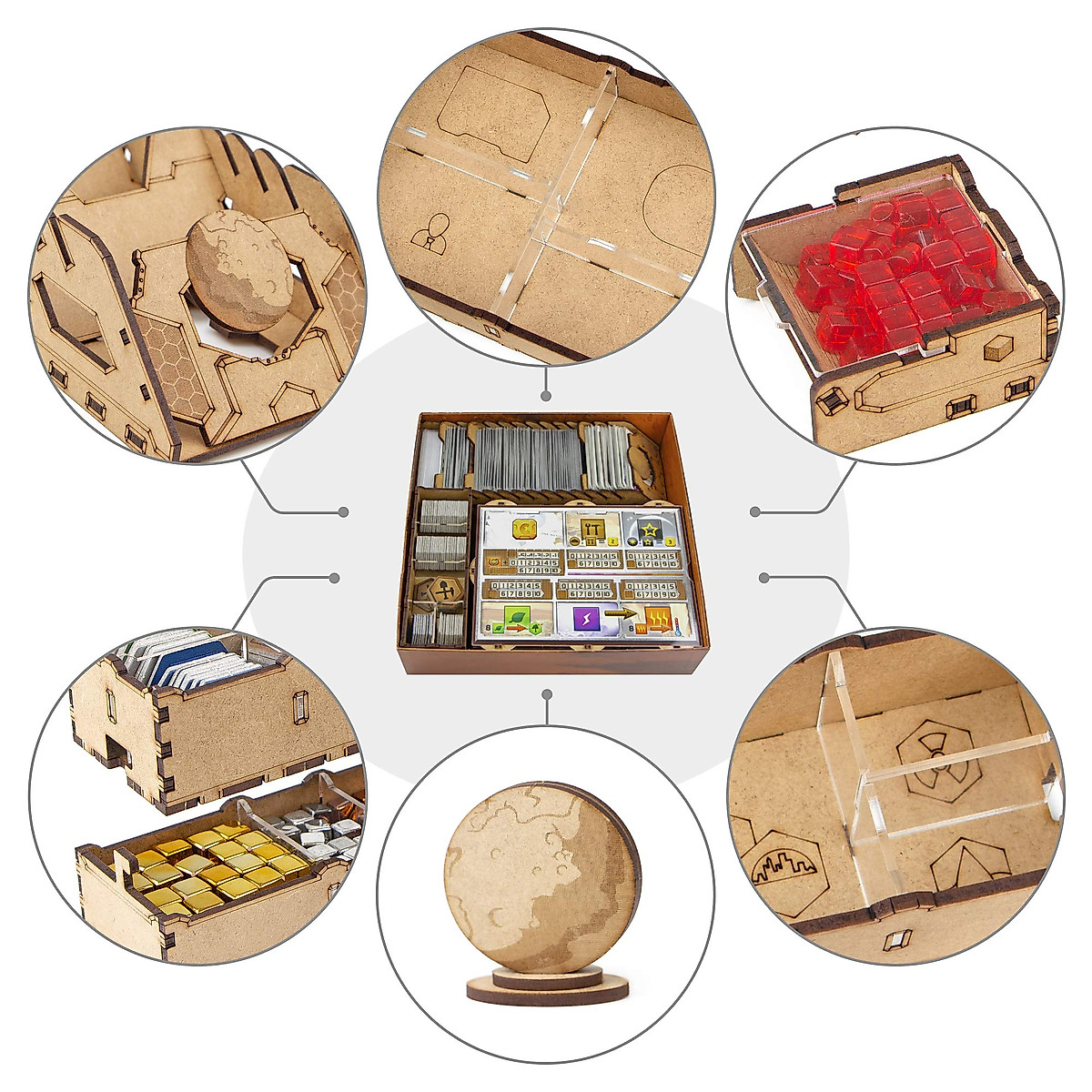 TowerRex Board Game Organizer for Terraforming Mars board game box, Terraforming Mars boardgame expansions, Turmoil, Colonies expansion, Prelude expansion, Hellas and Elysium expansion, Venus Next