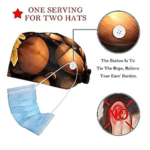 2Pcs Thanksgiving Acorn Nurses tie Back hat with Buttons,Sweatband Bouffant Hats,One Size