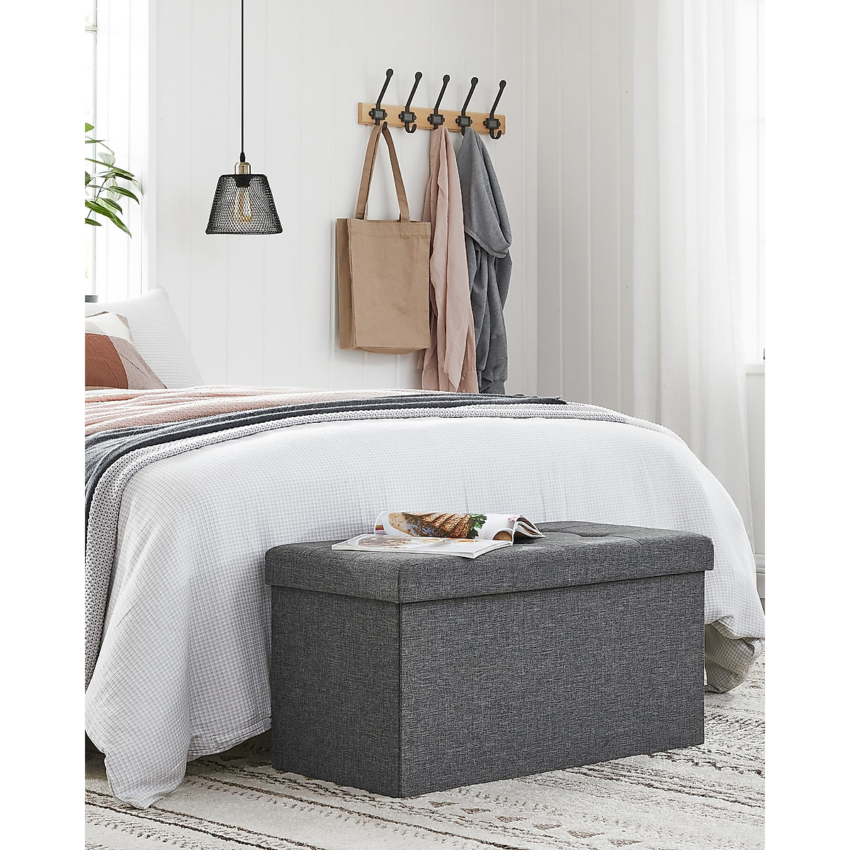 SONGMICS 30 Inches Folding Storage Ottoman Bench, Storage Chest, Foot Rest Stool, Dark Gray ULSF47K