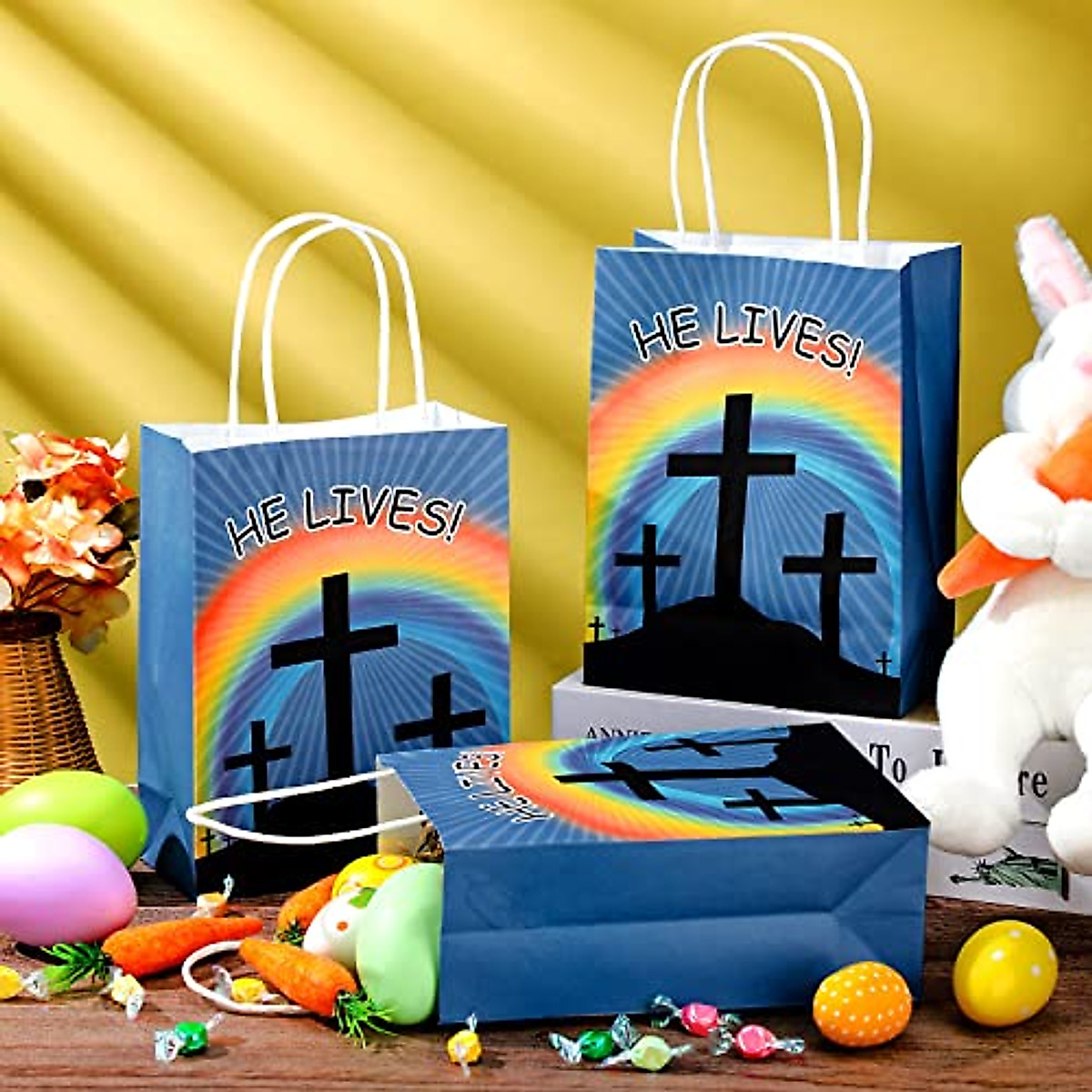 18 Pcs Easter Bags He Lives Sign Easter Treat Bags With Double Handles Easter Paper Gift Bags Religious Gift Wrap Bags For Easter Theme Bible Christian Party Favor
