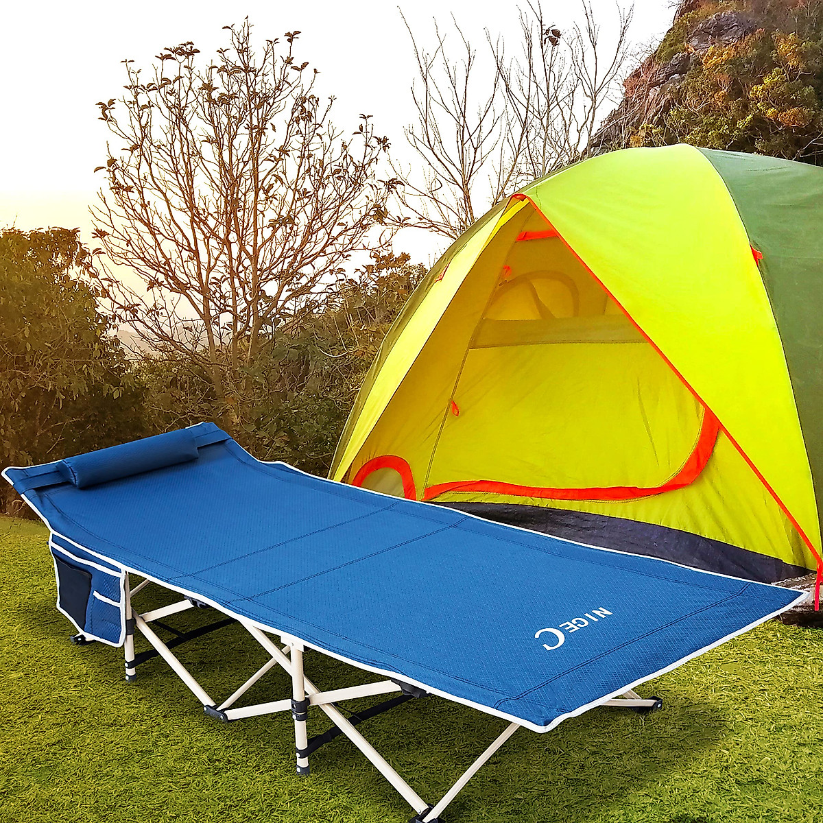 Nice C Camping Cots, Camping Cots with Mattress, for Adults, Folding Cot, with Pillow, Carry Bag & Storage Pocket, Extra Wide Sturdy, Holds Up to 500 Lbs (1, Grey)