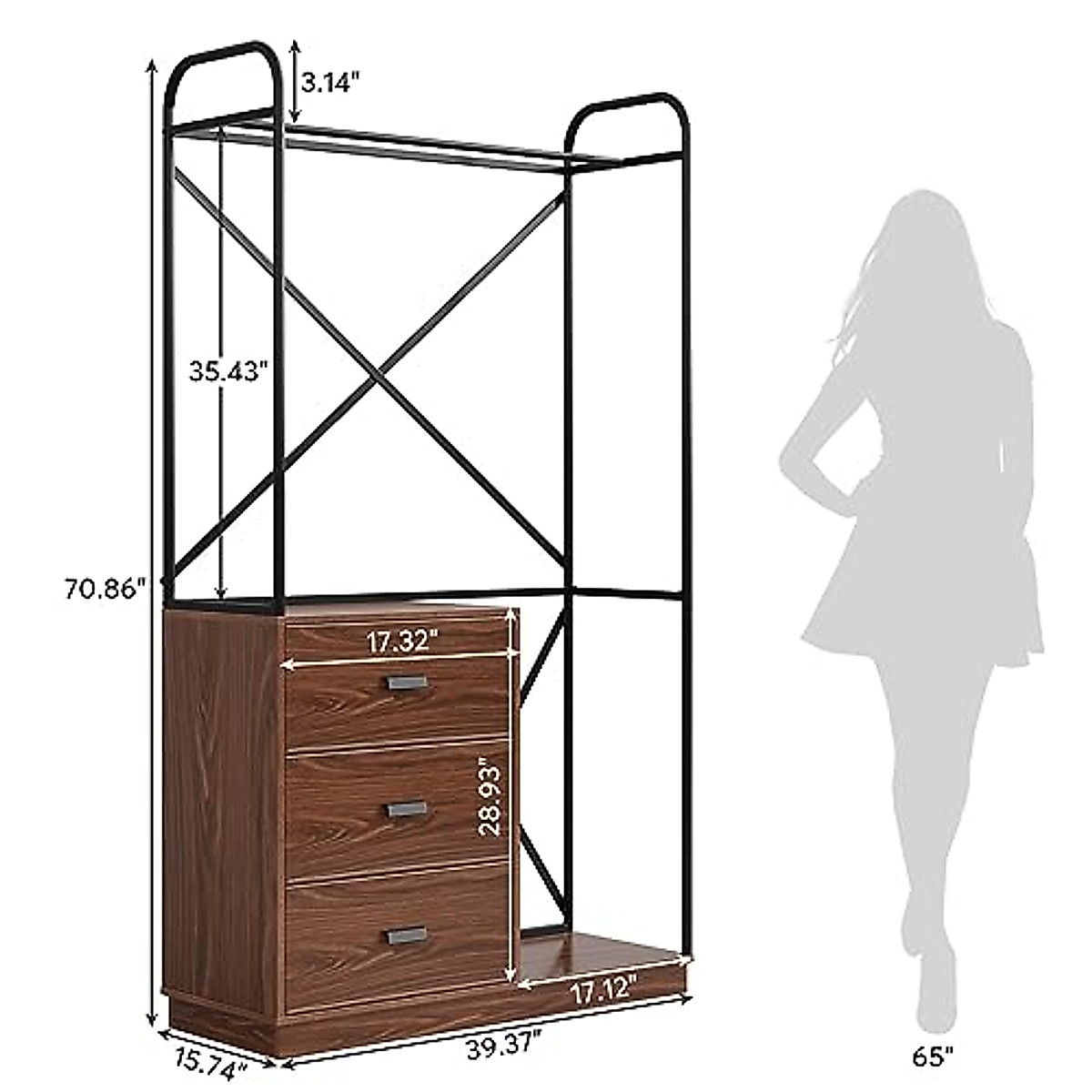 Tribesigns Freestanding Clothes Rack with 3 Drawers, Industrial Garment Rack Wardrobe Closet with Hanging Rod, Heavy Duty Wood Closet Organizer for Bedroom