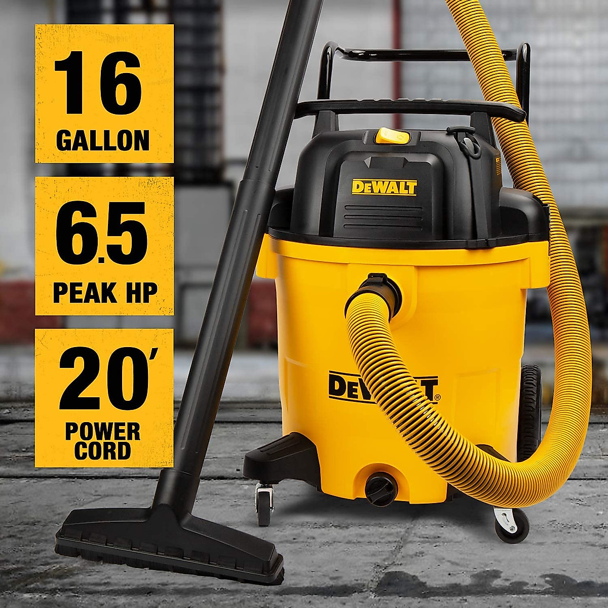 DEWALT 16 Gallon Poly Wet Dry Vacuum, 6.5 Peak HP 12 Amps Heavy Duty Vacuums, Cart Style Wet/Dry/Blower 3 in 1 Multifunction Shop Vacuum, Built-in Drain, DXV16PA