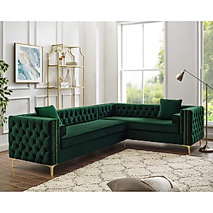 Inspired Home Green Corner Sectional Sofa - Design: Giovanni | 120" Right Facing | Velvet | Storage | Metal Legs | Tufted Design