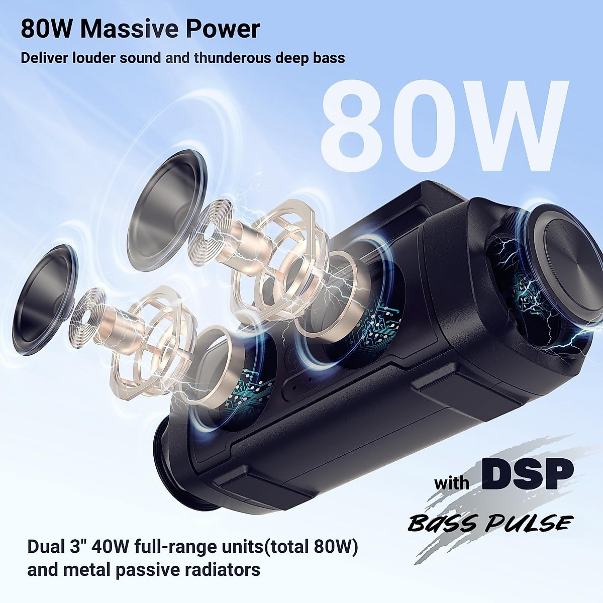 AKONE Portable Bluetooth Outdoor Speaker: 80W Loud Sound Wireless Durable Large Bocina with Lights Powerful Deep Bass Subwoofer TWS Stereo Sound Big Boombox Waterproof for Party Beach Camping Garage