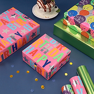 BIOBROWN Birthday Wrapping Paper - 30 Inch X 10 Feet (3 Rolls: 75 sq. ft. ttl.) - Balloons & Neon Green Design Perfect for Birthday, Party, Baby Shower, Christmas, Gift Wrap