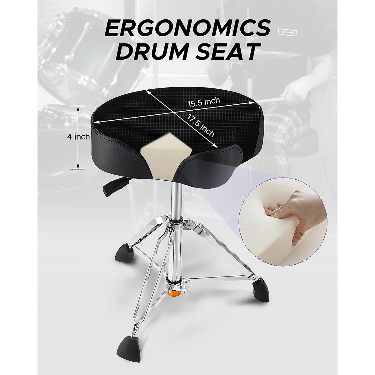 Starfavor Drum Throne Airlift Height Adjustable Padded Seat Drum Stool, Heavy Duty Hydraulic Drum Throne Seat Motocycle Style, with Double Braced Anti-Slip Feet Saddle Drum Seat, ST-700