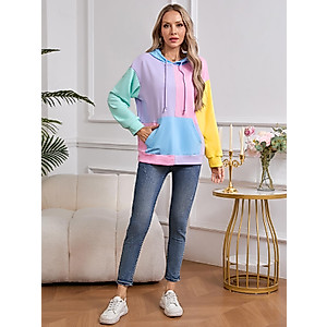 SweatyRocks Women's Cute Color Block Long Sleeve Pullover Hooded Sweatshirts Top Purple Pink M