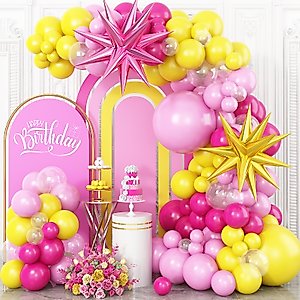 Hot Pink Yellow Balloon Arch Kit, Yellow Pink Clear Balloon Garland Kit with Large Pink Gold Star Foil Balloons, for Baby Shower Butterfly Fiesta Princess Birthday Wedding Bridal Party Decorations