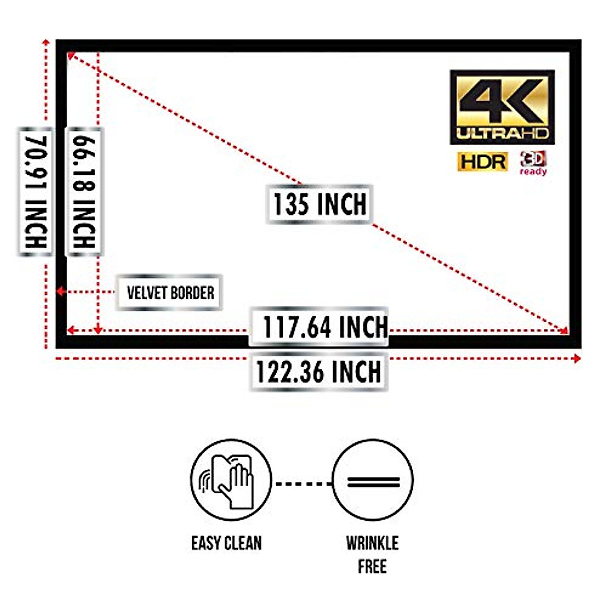 Delux Screens (US Based Business) 135 inch 4K/8K Ultra HDR Projector Screen - Active 3D Ready - 6 Piece Fixed Frame - Home Theater Movie Projection Screen - PVC Matte White - Velvet Border 135" 16:9