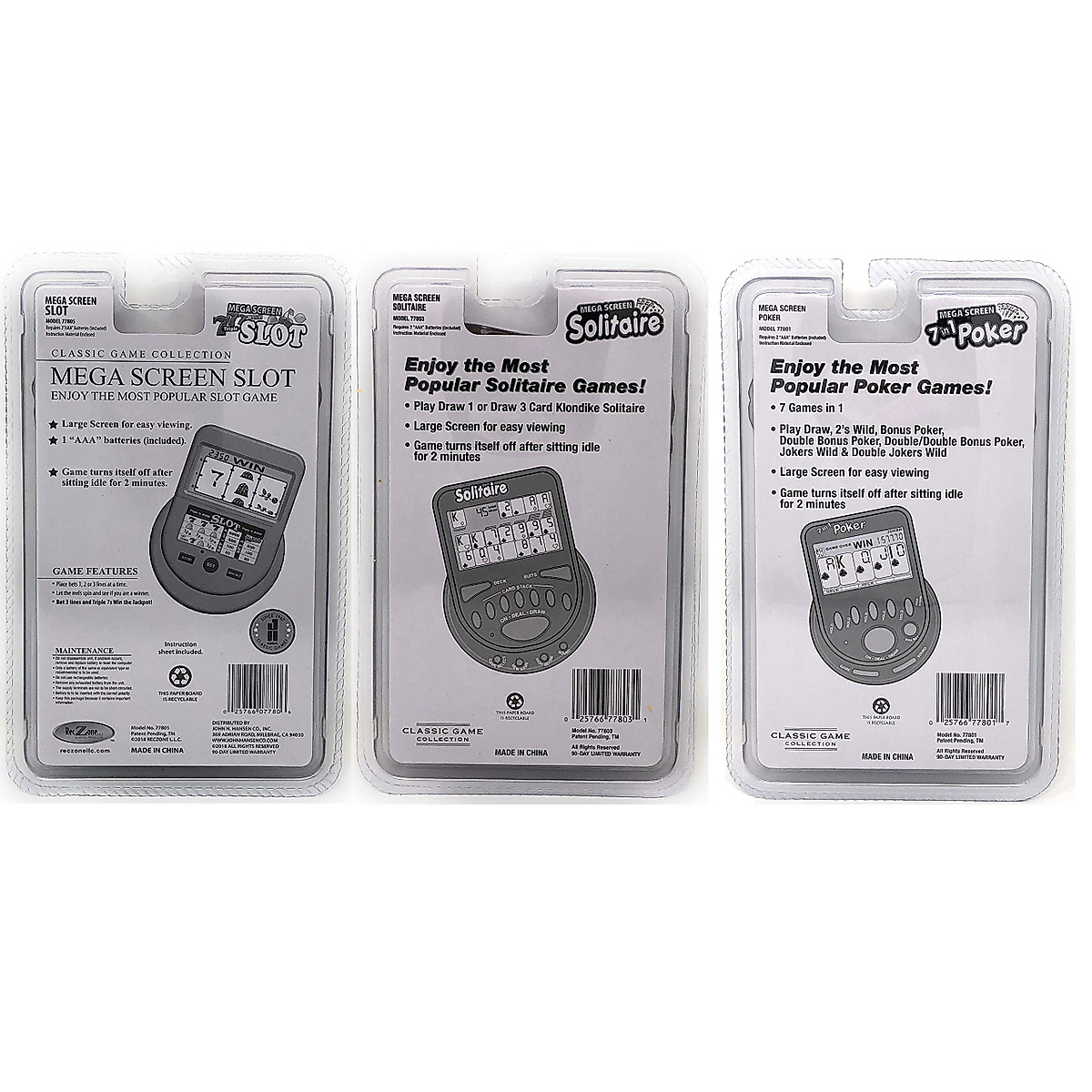 John N. Hansen Mega Screen Handheld Gambling Game Pack Bundle of 3 - Solitaire - Slot Machine - Poker