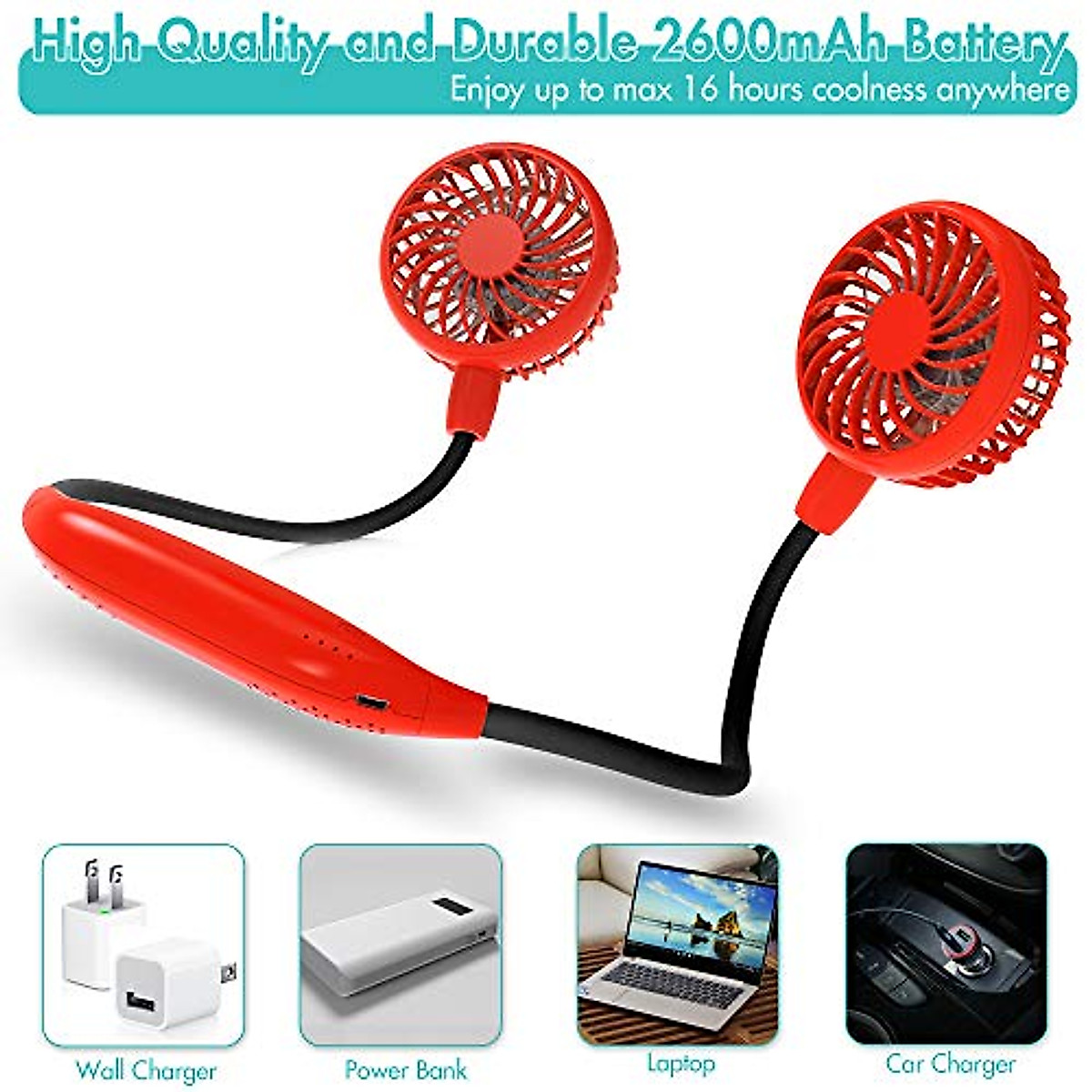 panergy Portable Neck Fan, 2600mAh Battery Operated Handfree Design Wearable Fan with 6 Speeds Strong Wind, 360° Adjustable High Flexibility Personal Fan for Outdoor Travel Home Office