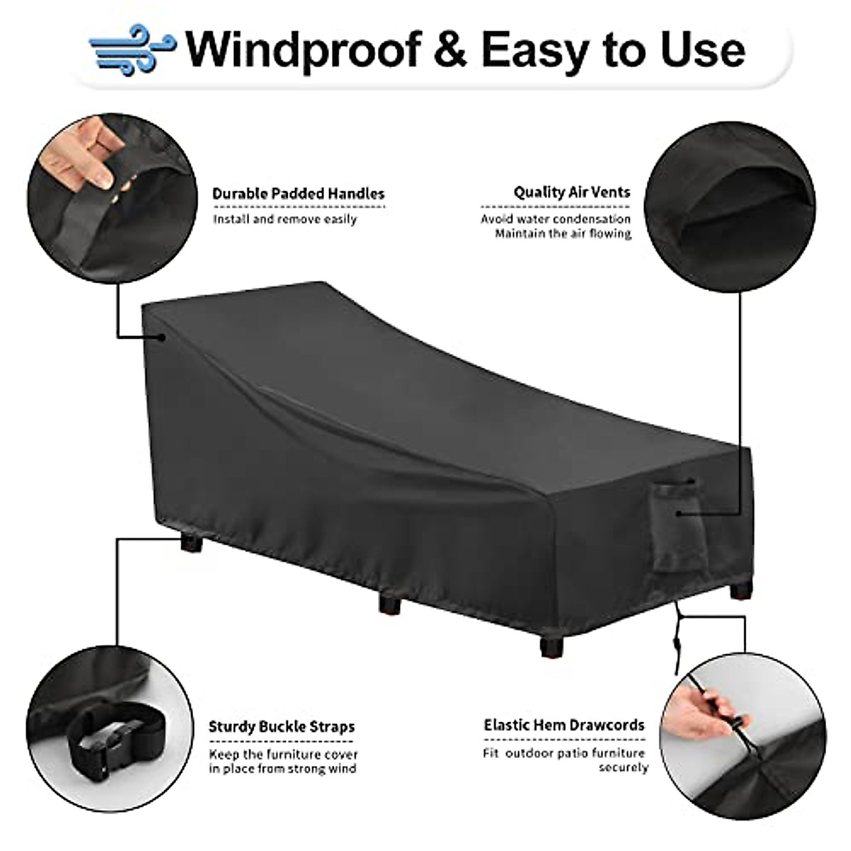 OutdoorLines Outdoor Waterproof Patio Chaise Lounge Chair Cover - UV Resistant Lounger Covers Heavy Duty Weatherproof Patio Sofa Furniture Covers, 1 Pack, 78Wx35.5Dx33H Inches, Black