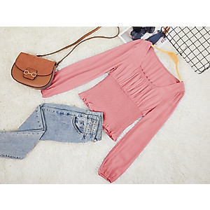 CNJFJ Women's Elegant Long Sleeve Square Neck Shirt Sexy Frill Smock Crop Top Blouses