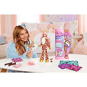 Barbie Cutie Reveal Doll, Snowflake Sparkle Series Deer Plush Costume, 10 Surprises Including Mini Pet & Color Change