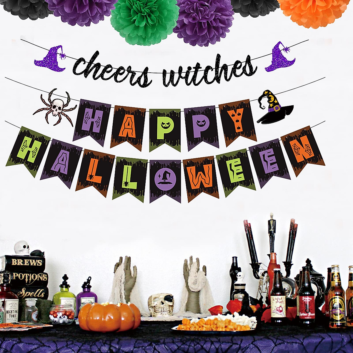 Black-Orange Green-Purple Halloween Party-Decorations - 8pc Kit Happy Halloween Banner, Tissue Flower Paper Pom Poms Streamers,Cheers Witches Garland,Birthday Bachelorette Baby Shower Lasting Surprise