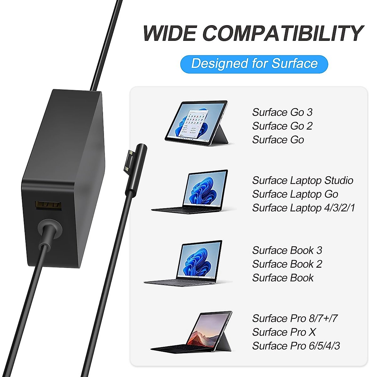 65W Surface Pro Laptop Charger-Microsoft Surface Pro Charger for Windows Surface Laptop 6,5,4,3,2,1,Microsoft Surface Pro10,9,8,7+,7,6,5,4,3,X,Surface Book3,2,1,Surface Go Tablet,Support 44W,36W, 10FT