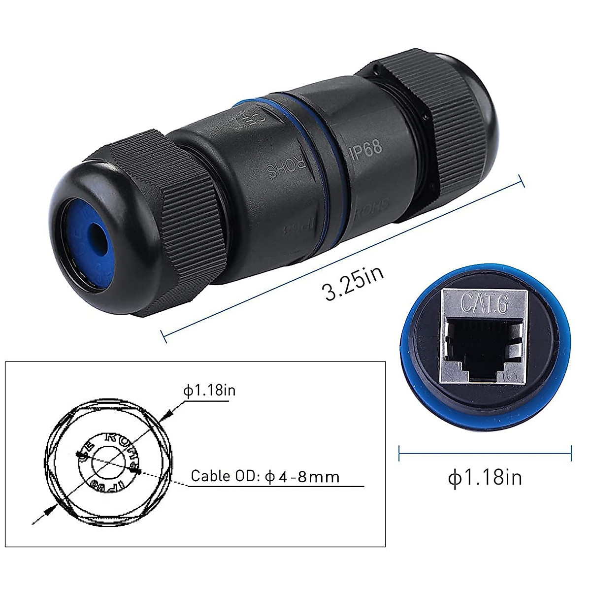 Tedgetal Waterproof RJ45 Connector 2 Pack IP68 Cat6/Cat5E/Cat5 Coupler Shielded for Outdoor Ethernet LAN Cable Extender Female to Female