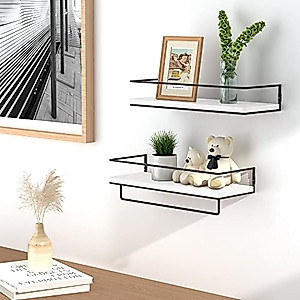 ZGO Floating Shelves for Wall Set of 2, Wall Mounted Storage Shelves with Black Metal Frame and Towel Rack for Bathroom, Bedroom, Living Room, Kitchen, Office (White)