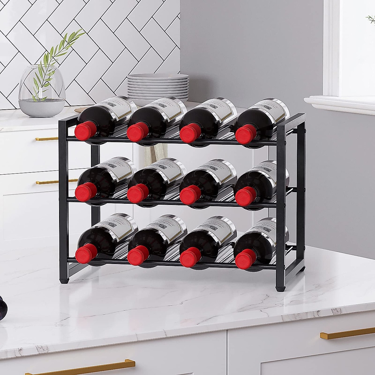 Honiter 12 Bottle Wine Rack Countertop, Storage Wine Rack Freestanding Floor, Display Storage Wine Rack, Industrial Metal Wine Shelf Organizer for Cabinet Tabletop Bar Cellar, Black