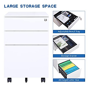 Modern Office File Cabinet 3 Drawer File Cabinet Metal Filing Cabinet on Anti-tilt Wheels Mobile Lateral Printer Stand Office File Cabinets for Home Office Organization and Storage (White)