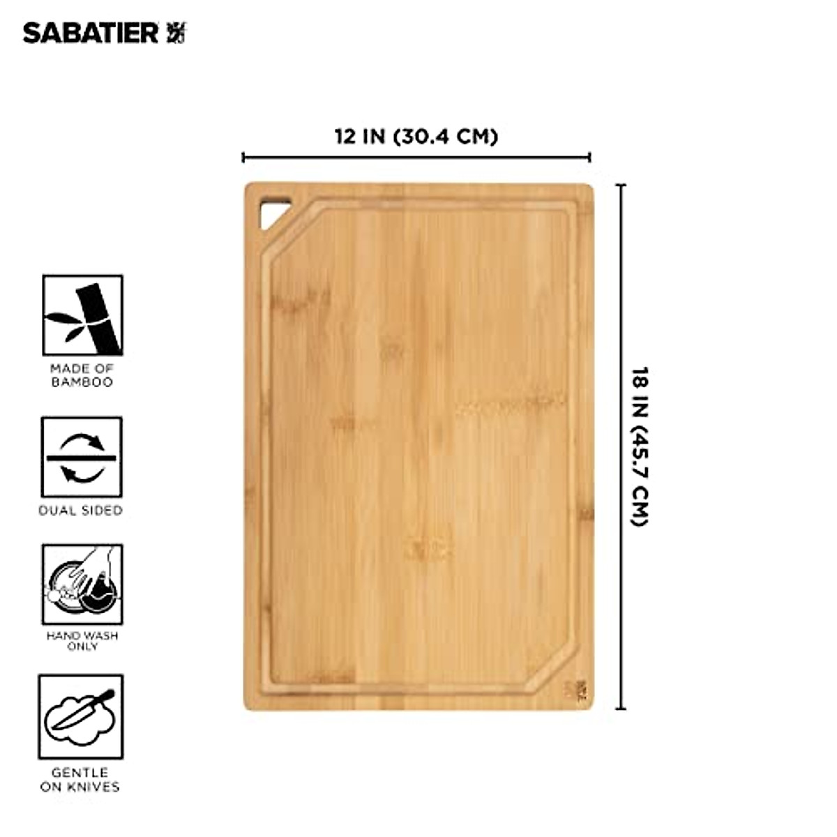 Sabatier Extra-Large Cutting Board with Juice Trench and Recessed Handles for Entertaining and Meal Prep, Reversible Kitchen Chopping Board, Bread Board with Built-In Grooves, 12x18 Inch, Bamboo